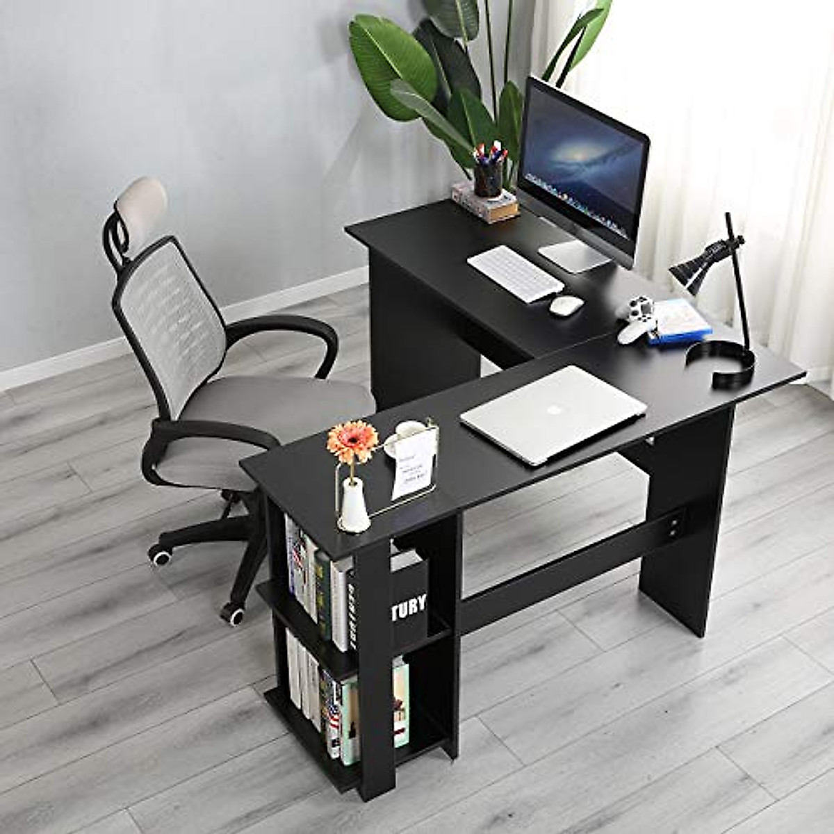 sogesfurniture L-Shaped Home Office Wood Corner Desk Office L-Shaped Desk with 2 Shelves is Compact L-Shaped Desk with Open Bookshelves, BHUS-XTD-SC01-BK