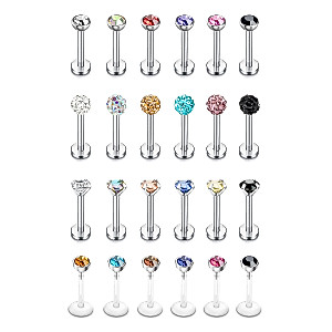 Suprsparkle 24 Pcs 16G Hypoallergenic Stainless Steel Lip Monroe Medusa Labret Jewelry With 3mm Cubic Zirconia For Women Men Forward Helix Earrings Cartilage Tragus Earrings Stud Piercing Jewelry8mm