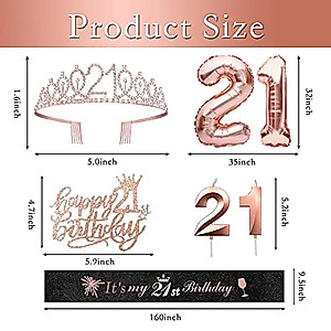 GYESXYW 21st Birthday Decorations for Her, Including 21st Birthday Sash Black Rose Gold, Cake Topper Candle and 32 Inch Rose Gold Large Foil Mylar Digital Balloons 21, 21st Birthday Gifts for Her