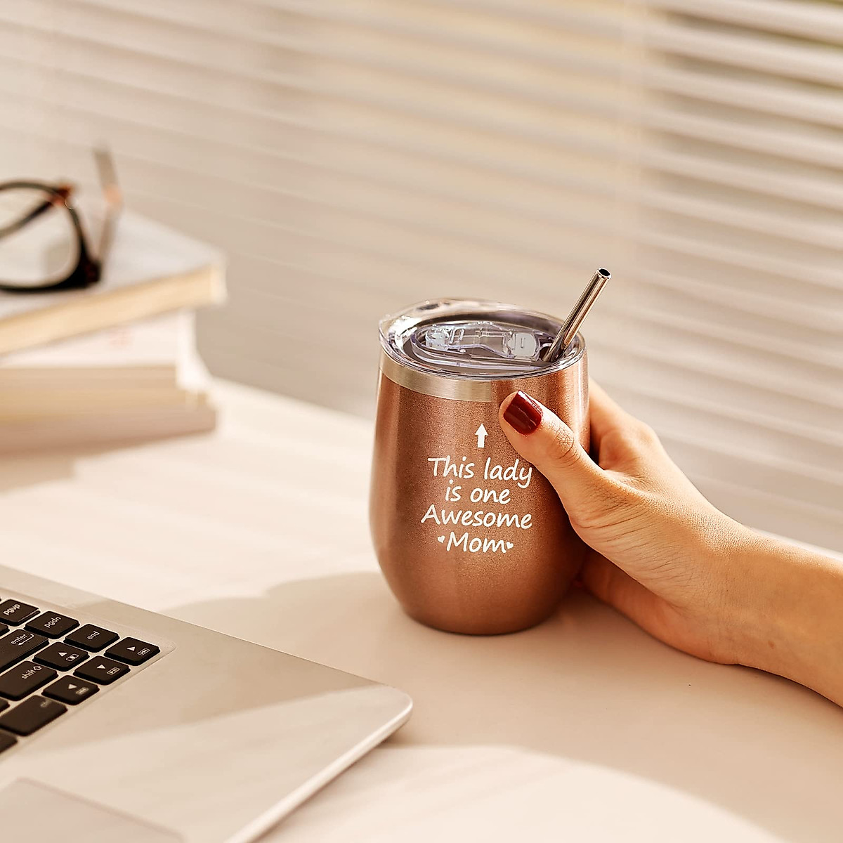 This Lady Is One Awesome Mom Wine Tumbler Awesome Mom Tumbler Birthday Mothers Day Christmas Gifts for Mom from Daughter Son Mom Wine Tumbler Mom Gifts 12 Ounce with Lid Straw and Gift Box Rose Gold