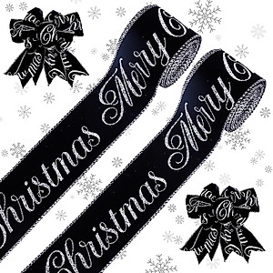 Whaline 50 Yards Christmas Velvet Wired Ribbon 2.5 Inch Merry Christmas Velvet Ribbon Black Silver Glitter Xmas Decor Wrapping Ribbon for Gift Wrapping Bow Wreath Crafts Home Decor, 2 Roll
