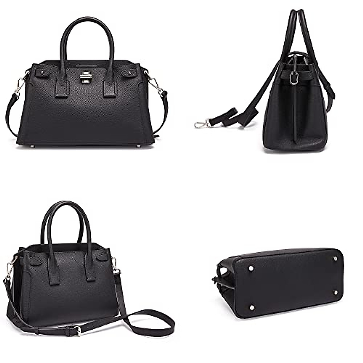 Leather Satchel Handbags For Women Medium Top Handle Shoulder Purse With Straps (Black)