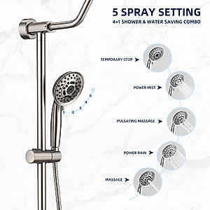 Shower System with 8" Rain Shower Head, 5-Function Shower Head with Handheld, Adjustable Slide Bar, 59" Stainless Steel Hose, Brushed Nickel