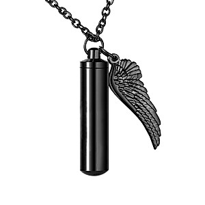 Dletay Cylinder Cremation Urn Necklace for Ashes Memorial Keepsake Pendant with Angel Wing Stainless Steel Remembrance Jewelry(Black)