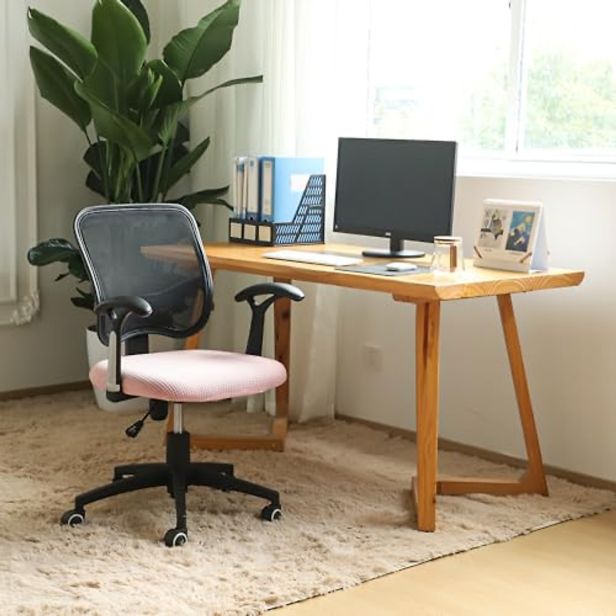 FORCHEER Office Desk Chair Seat Covers Jacquard Fabric Computer Chair Seat Cushion Slipcovers-Pink