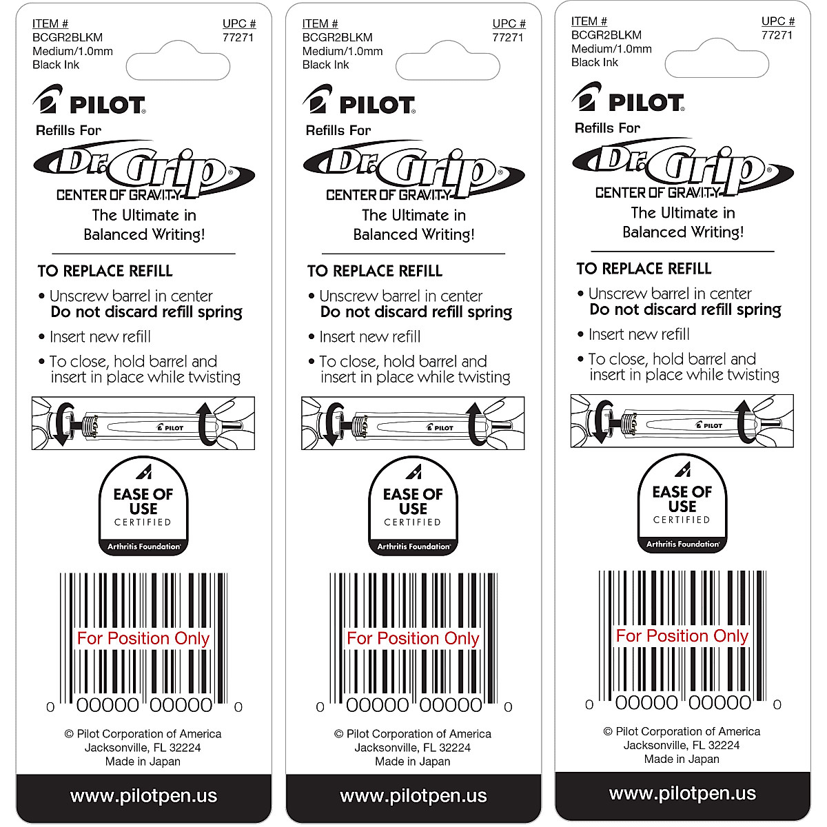 Pilot Dr. Grip Center of Gravity Ballpoint Pen Refills, Medium Point, Black Ink, 3 Packs of 2 Refills (6 Refills Total)