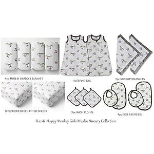 Bacati - Happy Monkeys 2 Pack Essentials Classic Super Soft Breathable 100% Cotton Muslin Baby Crib Fitted Sheets - Fits Standard 28 x 52 x 5 Crib & Toddler Mattresses (Lilac/Grey Girls)
