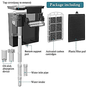 VILLNO 200GPH Ultra Quiet Aquarium Filter: 9W Adjustable Filter for 10-45Gal Fish Tank, Activated Carbon Filter with 2 Filter Cartridges, Hang on Back Aquarium Filter