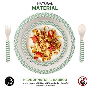Greentainer 5 PC Kids Toddler Dinnerware Sets Bamboo Toddlers Dishes Set Kids Feeding Plates and Bowls Sets with Sunction and Utensil Flatware Durable & BPA Free