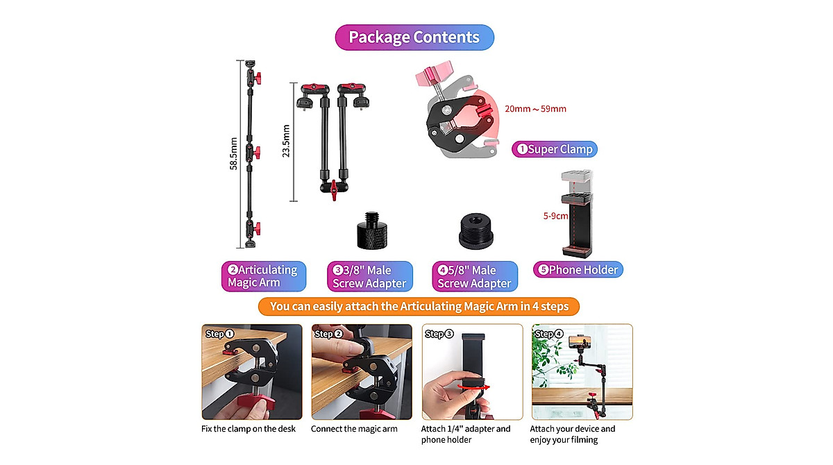 Super Camera Clamp Mount with Articulating Magic Arm 22in, Adjustable ...