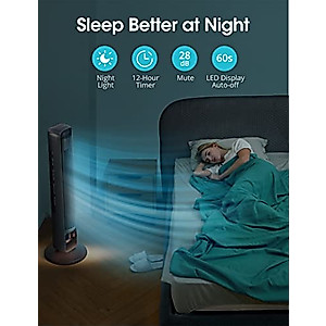 Tower Fan, 42” Portable Fan, 28dB Quiet and Quick Cooling, 90° Oscillation, 12 Speed Levels, 4 Wind Modes, Night Light, 12-Hour Timer, LED Display, Full Function Remote Control, for Home Bedroom