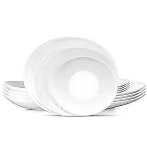 Bormioli Rocco Prometeo 18 Piece Dinnerware, Sets For 6, Tempered Opal Glass, Clean White, Curved Design With External Textures, Dishwasher & Microwave Safe.