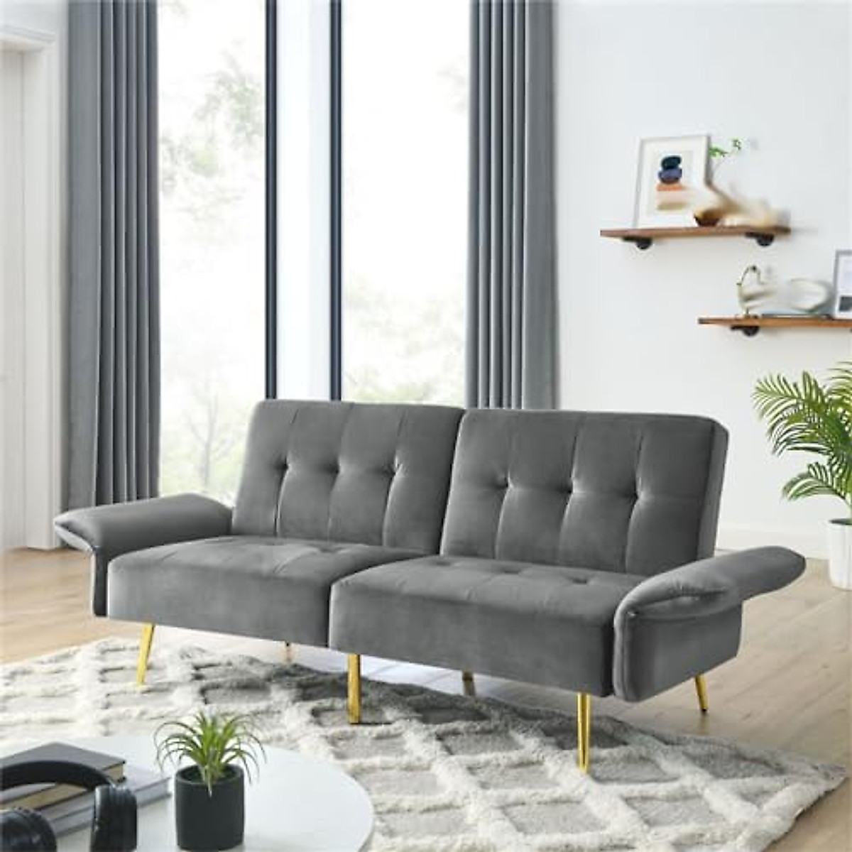 JFUYJK 78" Velvet Futon Sofa Bed, Convertible Sleeper Loveseat Couch with Folded Armrests and Storage Bags for Living Room