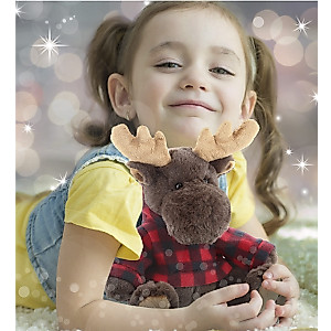 DolliBu Plush Moose with Red Plaid Hoodie - Soft Huggable Wild Life Moose, Adorable Playtime Zoo Moose Plush with Clothes, Cute Wildlife Cuddle Gift for Kids and Adults