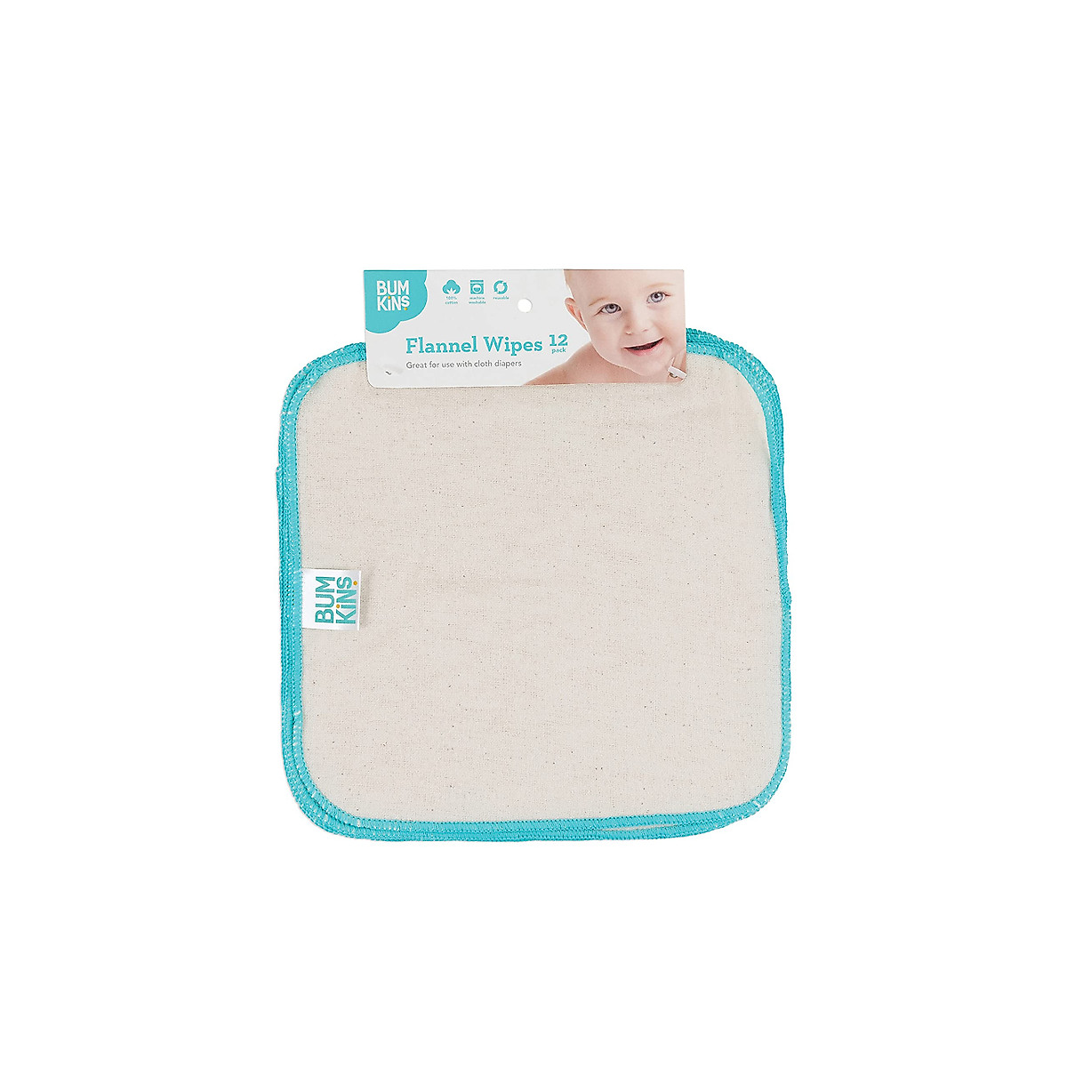Bumkins Reusable Flannel Baby Wipes, 12 Count, Natural