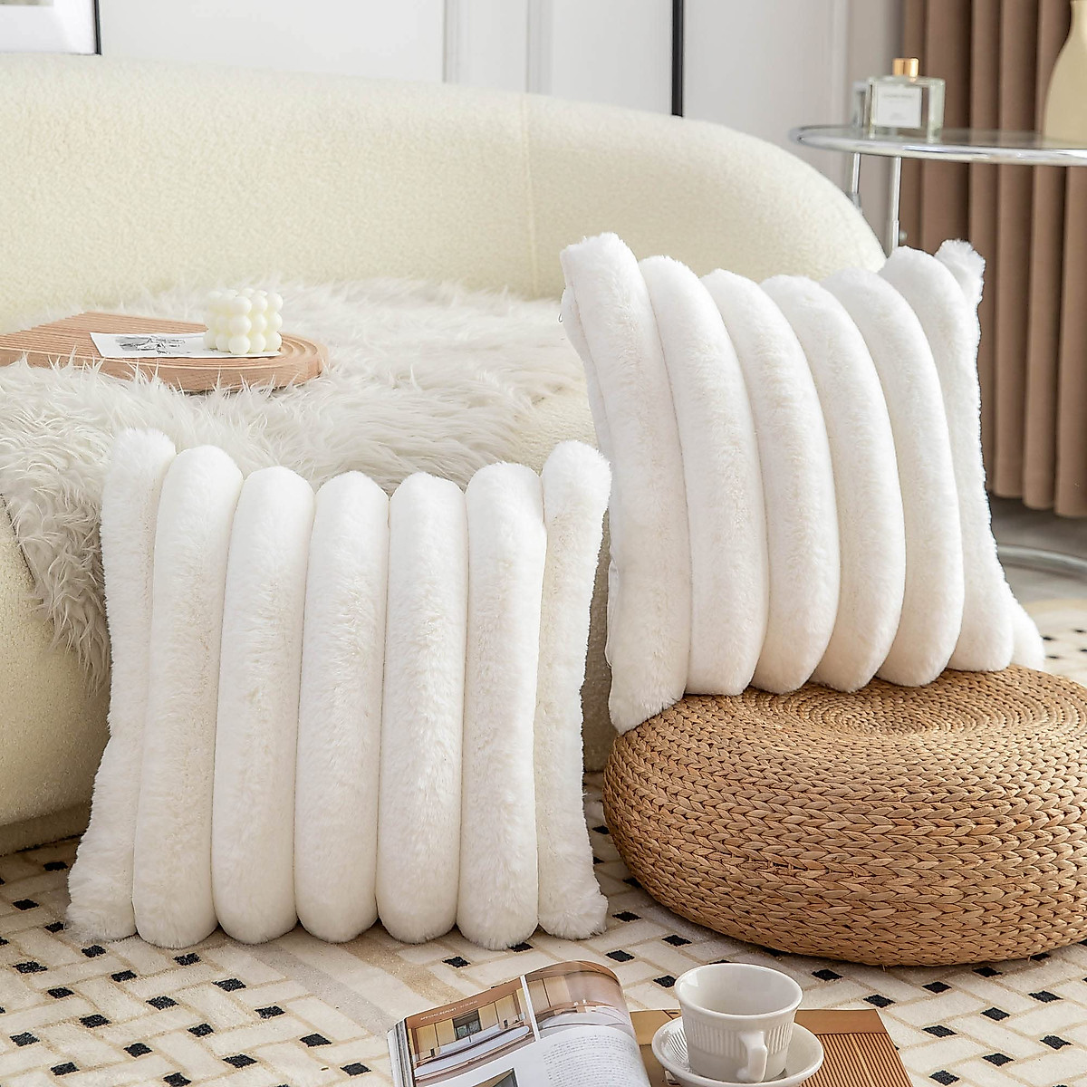 Neelvin Cream White Faux Fur Cozy Soft Striped Decorative Throw Pillow Covers 24x24 inch Set of 2,Velvet Pillowcase Cushion Case for Sofa Couch