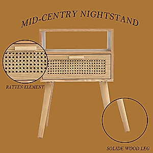 MaxSmeo Modern Nightstand Rattan Side Table with Storage, Farmhouse End Table for Living Room, Bedroom and Small Spaces, Accent Bedside Tables with Solid Wood Legs, Easy Assembly (Natural Walnut)