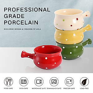 AVLA 4 Pack French Onion Soup Bowls with Handle, 20 Ounce Porcelain Soup Crock, Stackable Serving Bowl Bakeware for Soup, Beef Stew, Cereal, Chill, Microwave and Oven Safe, Polka Dot