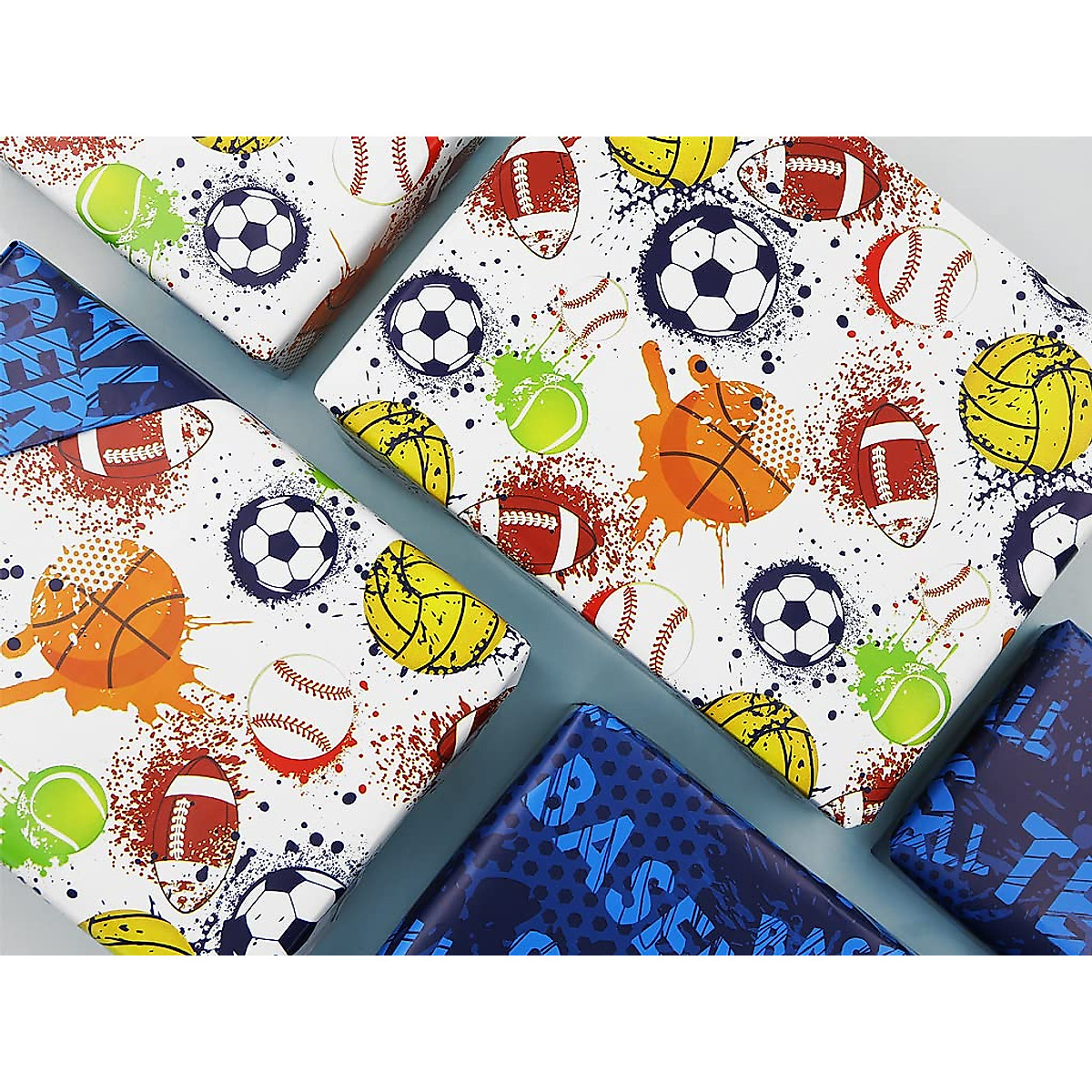 Sports Gift Double Side Reversible Wrapping Paper 4 Sheets Folded Flat 20x30 inches per sheet, Rugby Basketball Tennis Baseball Football Soccer Volleyball Gift Wrap Paper For Boys Men Women Kids Unique Xmas Decorative Paper and Birthday Holiday