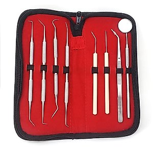 8 Pcs Oral Hygiene Kit Plaque Remover Professional Dental Picks for Teeth, Scraper, Serrated Tweezers, Mouth Mirror, Double Ended Picks for Gum Care Set - Stainless Steel with Carrying Case