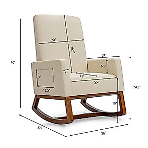 Giantx Upholstered Rocking Chair, Modern Fabric Armchair w/Wood Base, Side Pocket, Linen Padded Seat, High Back Accent Glider Rocker Chair, Mid-Century Leisure Chair for Nursery, Living Room (Beige)