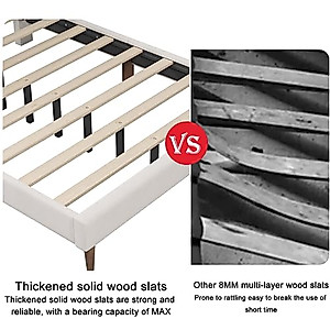 OTRIEK Queen Size Platform Bed, Modern Upholstered Platform Bed, Solid Wood Bed Frame with Vertical Channel Tufted Headboard, No Box Spring Needed for Boys Girls Bedroom (Cream)