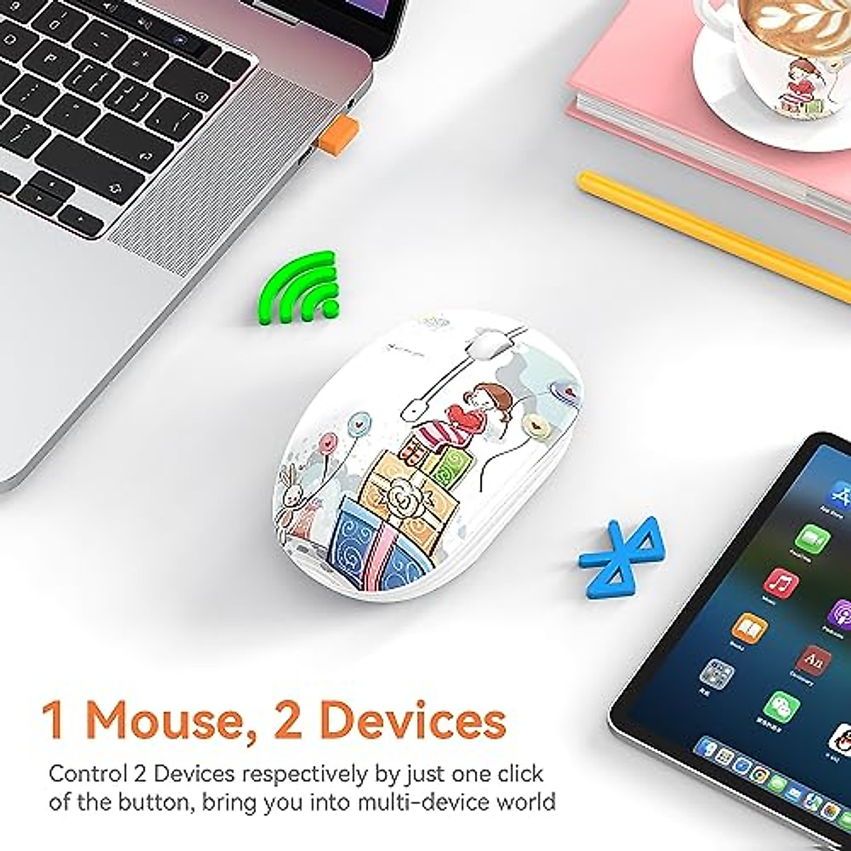 FMOUSE Cute Bluetooth Mouse, 2.4 GHz Wireless Mice with USB Receiver for Laptop, iPad, Mac, Silent Cartoon Mouse Suitable for Female and Students (Girl)