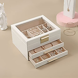 Somduy Jewelry Box Organizer for Women,3 Layers Jewelry Storage Display Box with Glass Lid,Gift for Christmas,3 Drawers,Large Capacity for Necklace Earrings Bracelets Rings,White