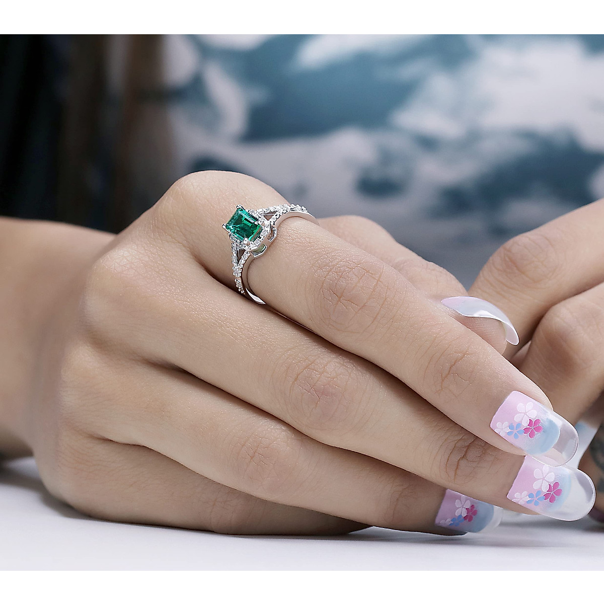 Dazzlingrock Collection 7x5mm Lab Created Emerald & Round White Diamond Halo Split Shank Engagement Ring for Women in 925 Sterling Silver Size 5.5