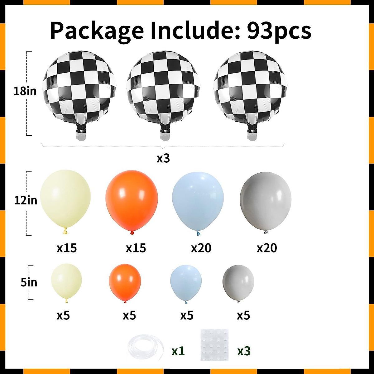 Race Car Balloon Garland Arch Kit, Blue Yellow Grey White Coral Red Latex Balloons,Racing Car Party Supplies,Checkered Balloons for Racing Car Theme Party Birthday Decorations