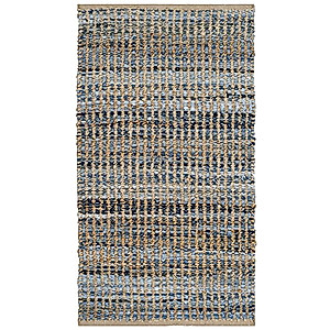 SAFAVIEH Cape Cod Collection 2'3" x 4' Natural / Blue CAP352A Handmade Flatweave Coastal Braided Jute Accent Rug