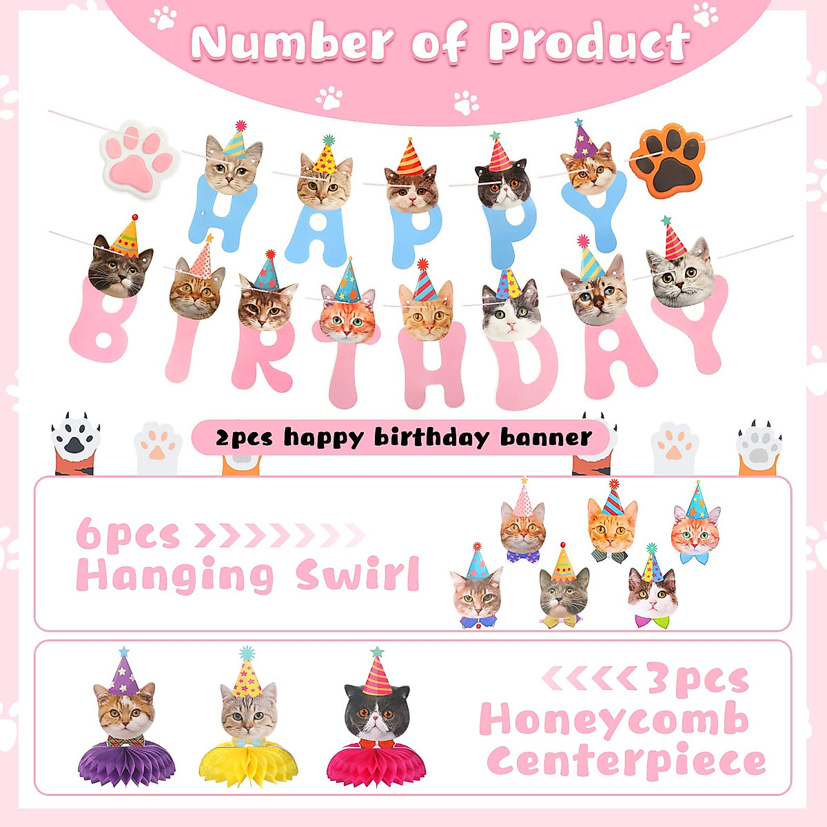 16 Pcs Cat Theme Birthday Party Decorations Party Supplies Kit, Includes Cat Party Banner with 6 Cat Hanging Cutouts 6 Hanging Swirl Decor and 3 Birthday Honeycomb for Kids Girls (Cute Style)
