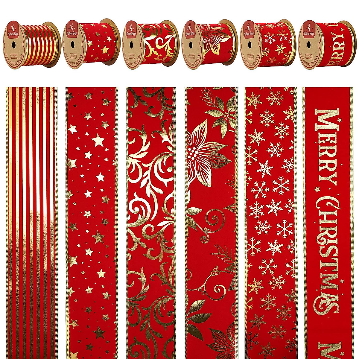 MEEDEE Red Velvet Wired Ribbon For Christmas Tree 2.5 Inch 6 Rolls 36 Yards Christmas Ribbon Set Wide Velvet Ribbon Wired Ribbon For Christmas Tree Velvet Red Ribbon Red And Gold Christmas Tree Ribbon