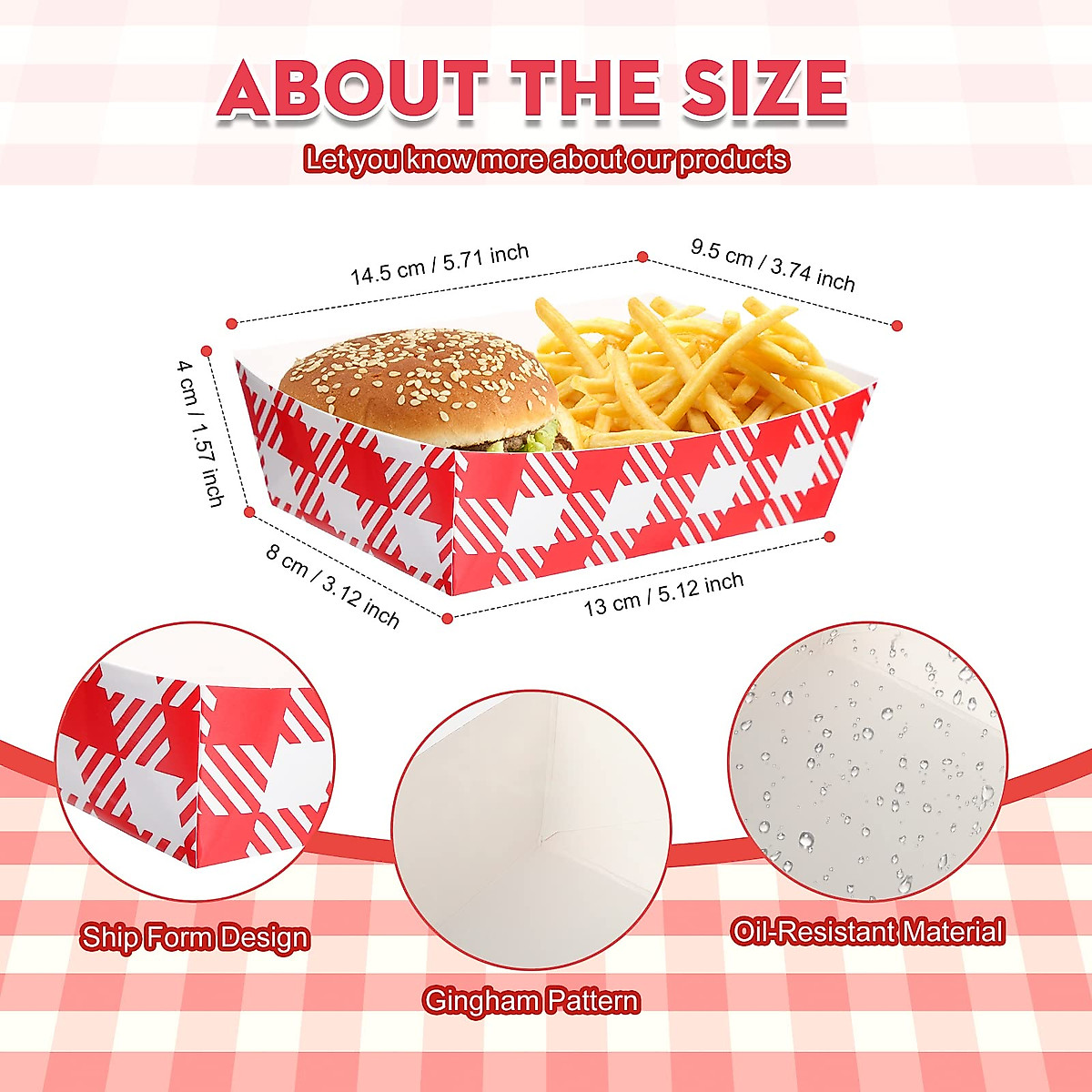 200 Pieces 2 lb Gingham Party Paper Food Trays Red Checkered Party Supplies Nacho Food Tray Snack Candy Holder Trays Disposable Serving Trays for Carnival Gingham Party Decorations Food Holder Trays