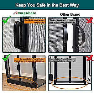 AMAGABELI GARDEN & HOME 3 Panel Folding Fireplace Screen with Doors Large Flat Guard Tools Outdoor Metal Decorative Mesh Solid Wrought Iron Fire Place Wood Burning Stove Accessories Black