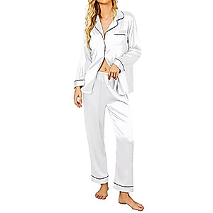 Ekouaer Women's Silk Pjs Set Satin Long Pajamas Top and Pants 2 Pieces Sleepwear with Pockets(White,Medium