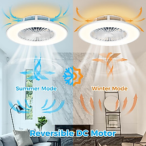 22 Inch Ceiling Fan with Lights Remote Control, Bladeless Bedroom Ceiling Fans with Lights Dimmable, 6 Speeds LED Ceiling Fan Quiet, Night Light/Color Temperature Adjustment/Timing Off/App Control