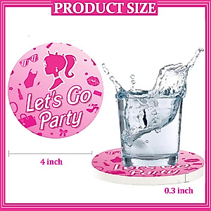 Drink Coasters with Holder, Absorbent Coaster Sets of 6, Let's Go Party Pink Girl Ceramic Coasters for Tabletop Protection,Suitable for All Kinds of Cups, Wooden Table, Cool Home Decor, 4 Inches