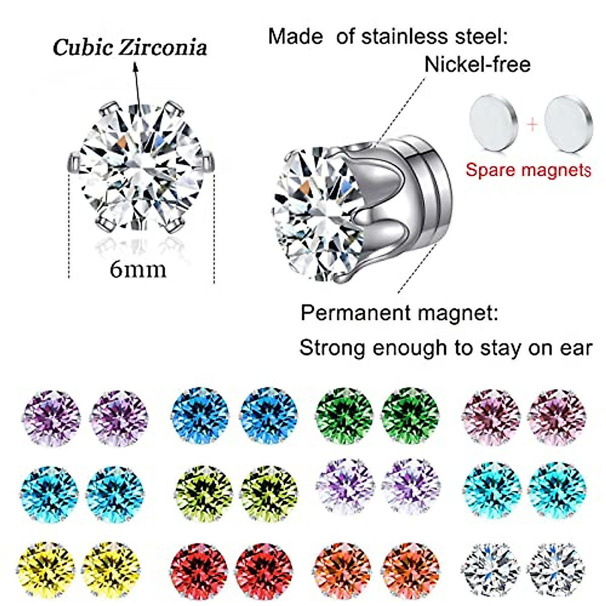 Spiritlele 12 Pairs Colors Cubic Zirconia Magnetic Earrings Clip on Non Piercing Earrings Set Unisex (Six Prong Cytal)