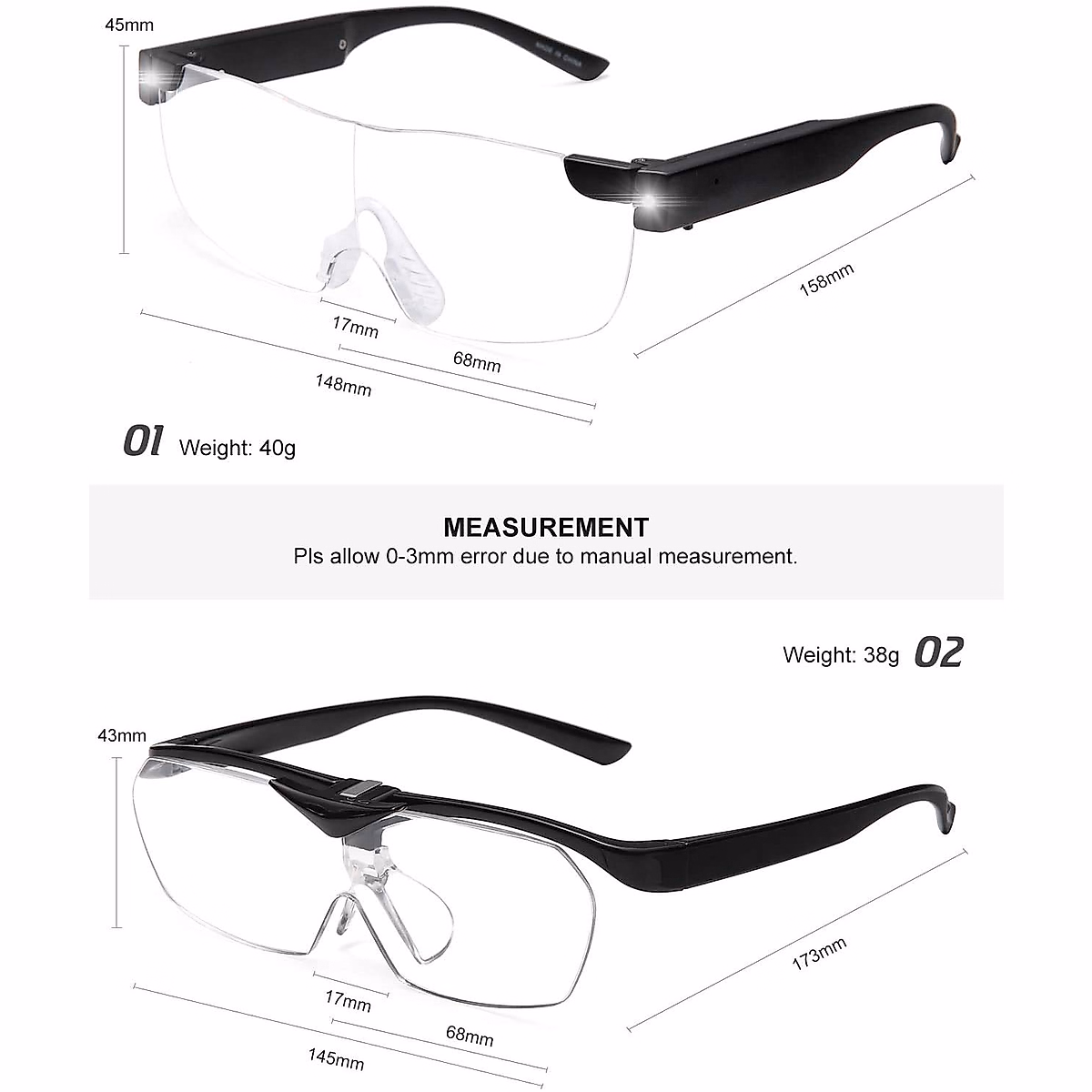 SKYWAY 160% Magnifying Glasses with LED Light, Rechargeable Lighted Magnifier Eyeglasses for Reading Small Prints Labels, Close Work, Needlepoint Sewing Crafts Hobbies Hands Free 2-Pack 1.6X