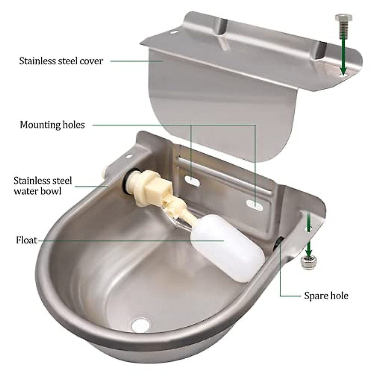 KHEARPSL Automatic Dog Water Bowl Livestock Waterer with Float Valve and Drain Hole, Stainless Steel Water Trough Auto Waterer for Dogs Livestock (Auto Waterer)