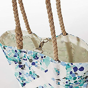 Sea Bags Recycled Sail Cloth White Anchor on Sea Glass Print Handbag Shoulder Bag, Small Tote Bag Rope Handles, Clasp Closure Rope Handles