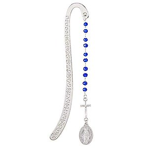 Religious Metal Bookmark with Blue Glass Beads and Crucifix Rosary Charm, Unique Gift for Readers, 4 3/4 Inch