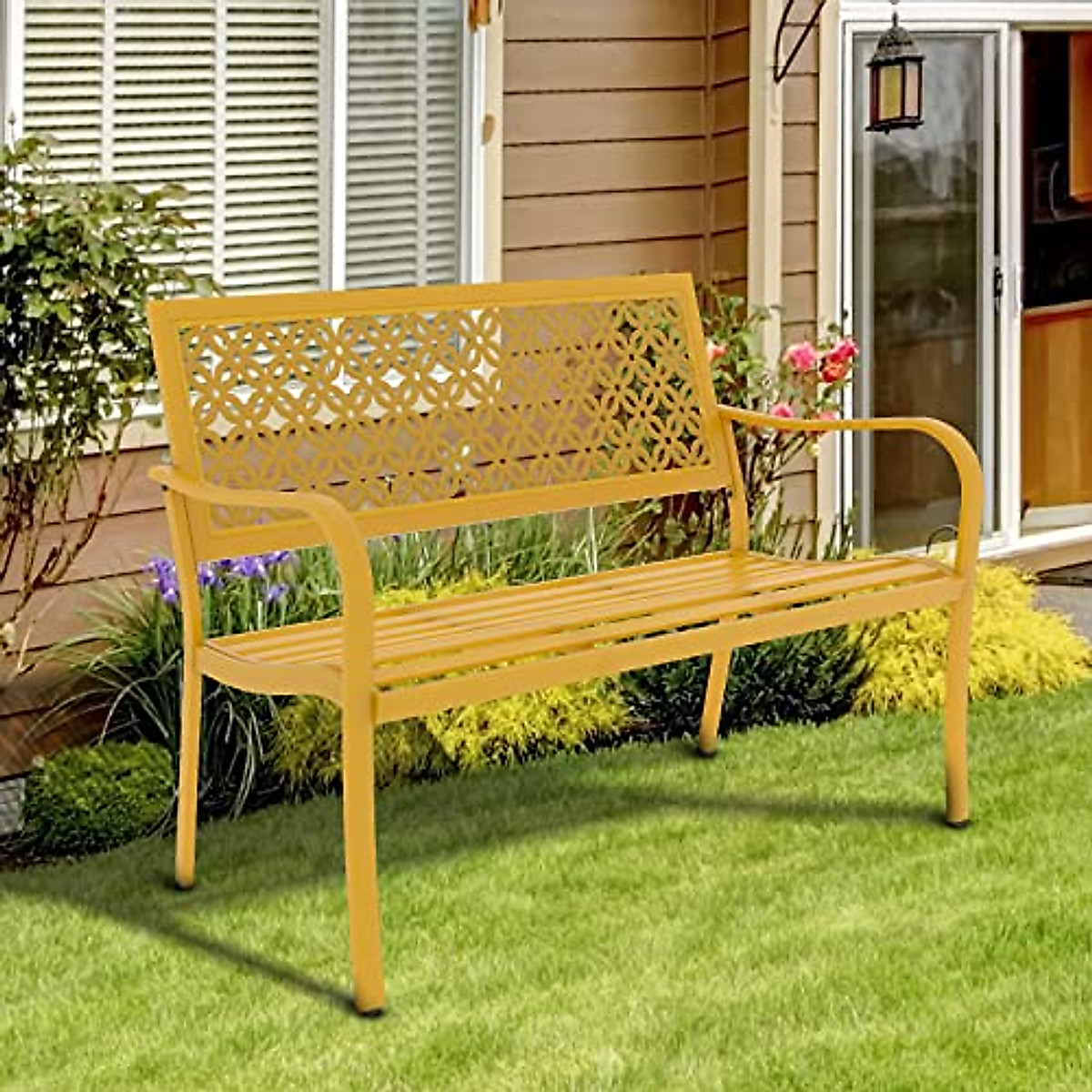 Grand patio Outdoor Bench Garden Bench with Armrests Steel Metal Bench for Outdoors Lawn Yard Porch Sunflower Yellow