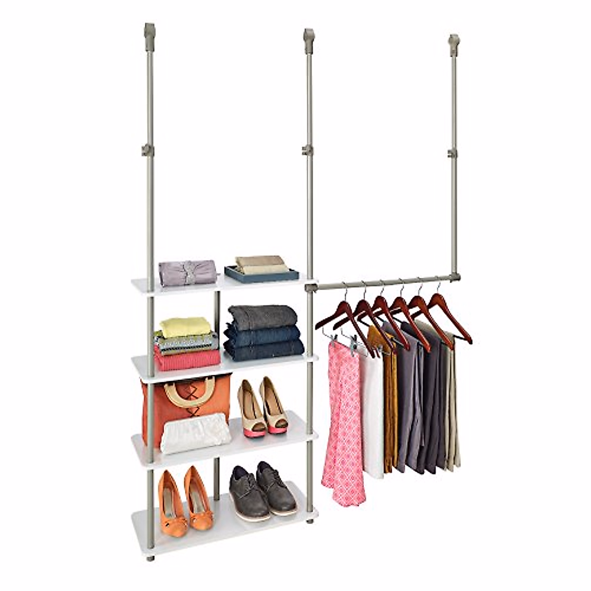 ClosetMaid 55300 Closet Maximizer with (4) Shelves & Double Hang Rod, Tool Free Add On Unit, White Finish & 31220 Double Hang Closet Rod, Nickel