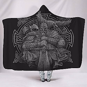 BURNAR Medieval 3D Printing Hooded Blanket Warm Celtic Knot Odin Raven Cross Compass Unisex Winter Wearable Hooded Blanket Double Thick Plush Fleece Blanket Cape (Color : C, Size : 80x60in/150x200cm)