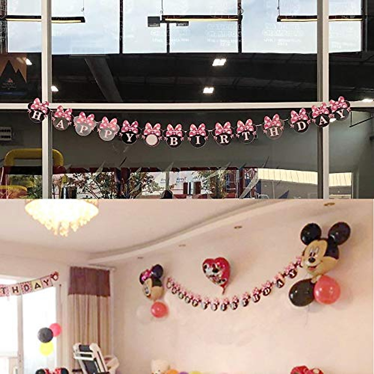 CHuangQi Minnie Themed Party Banner, Happy Birthday Banner, Birthday Party Supplies & Decoration