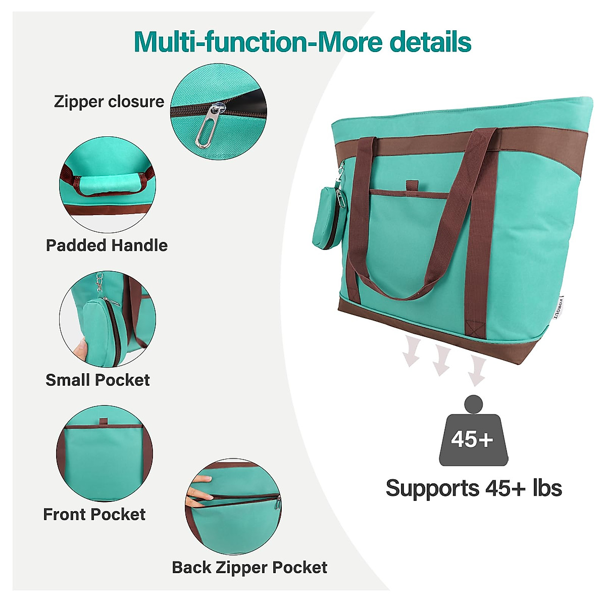 FOROUT Jumbo Insulated Cooler Bag，Insulated Grocery Bags With Zippered Top Transport Cold Or Hot Food Apply To Delivery Bag, Travel Picnic Cooler With One Wallet 21 X 8 X 17 Inch Lake Green