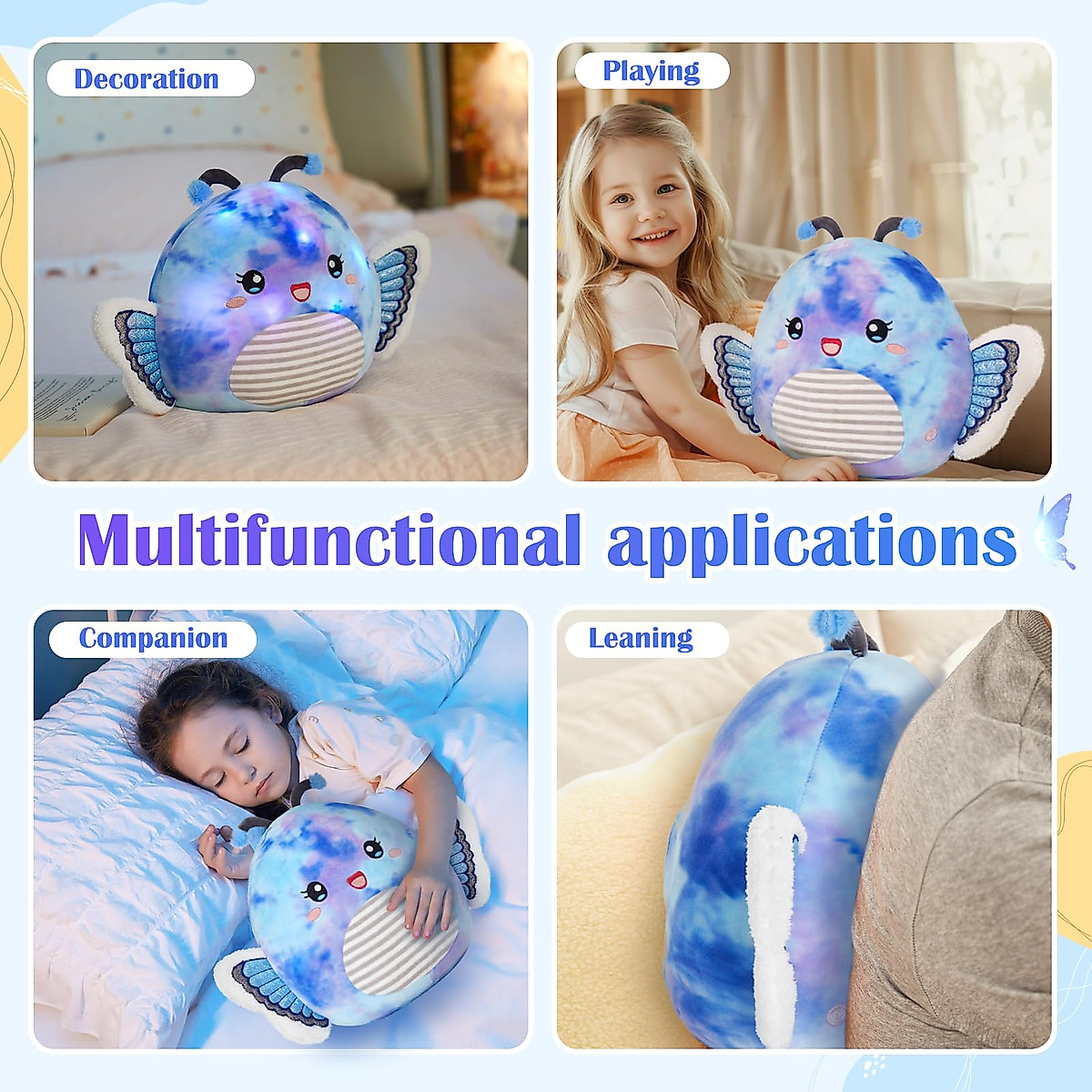 Houwsbaby 12” Blue Light Up Butterfly Plush Pillow with LED Blue Butterfly Stuffed Animal Plush Toy Plushie Toy Squishy Pillow Birthday Christmas Valentine Presents for Kids Boys Girls