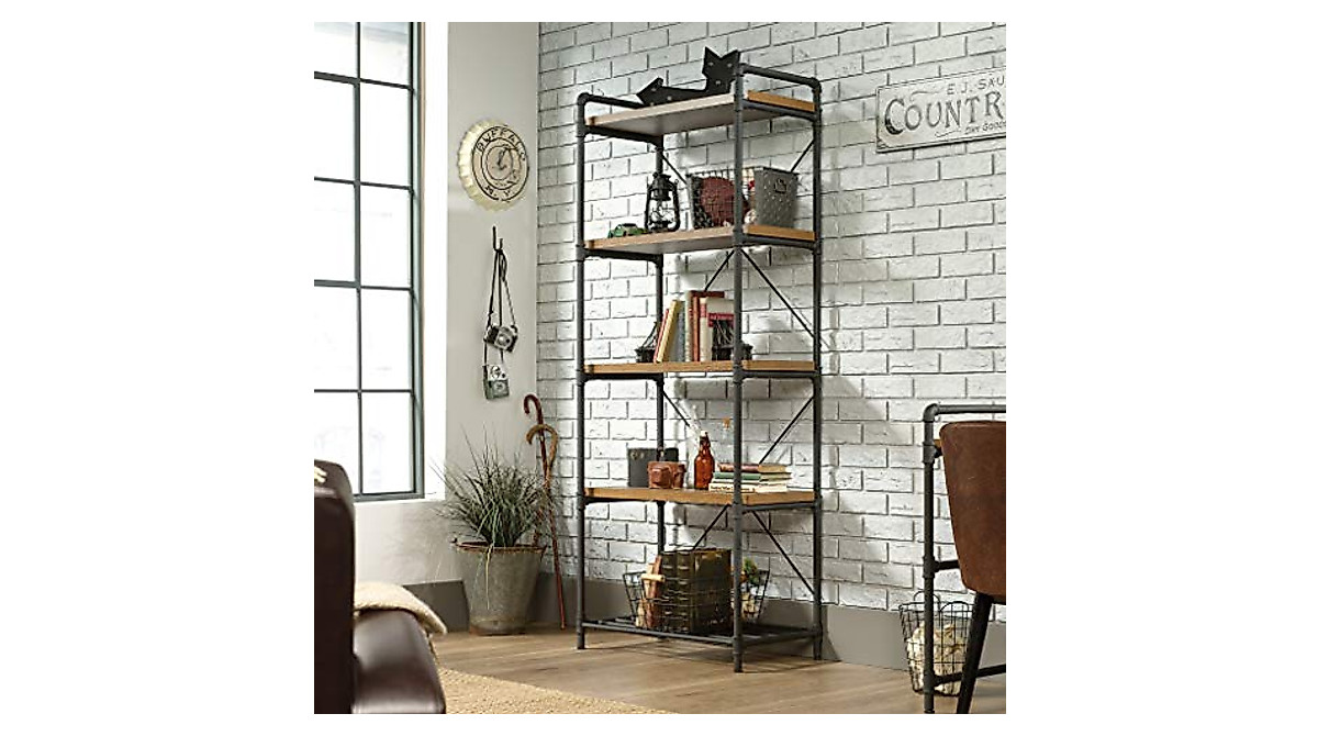 Stylish Sauder Iron City Tall Bookcase in Checked Oak